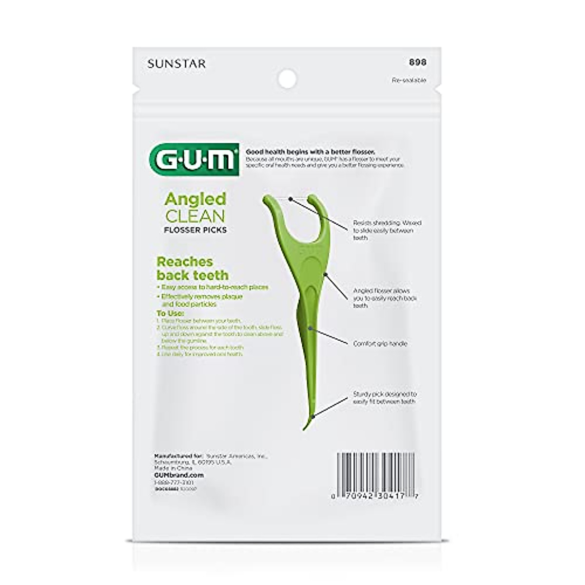 GUM Angled Floss Picks, Perfect for Tight Teeth, Extra Strong Shred-Resistant Dental Floss, Angled for Easy Reach, Dental Flossers for Adults, Fresh Mint Flavor, 75ct (4pk)