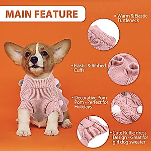 JUDYBRIDAL Dog Sweater Dress, Turtleneck Pet Sweater with Colorful Pom Pom Warm Knitwear Pullover Dog Skirt Puppy Princess Dress Apparel for Small Medium Dogs and Cats (XL | Pink)