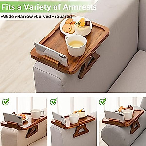 GEHE Acacia Wood Couch Arm Table, Folding Sofa Arm Table with 360 Rotating Phone Bracket, Wooden Couch Arm Tray for Small Spaces, Sofa table for Eating and Drinking, Back Non-slip Pad