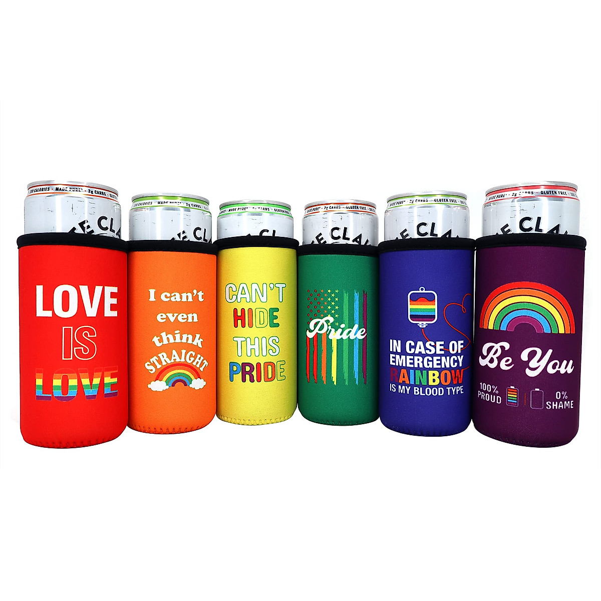 Gay Pride Stuff LGBTQ Coolies - Pride Accessories for Parade, Pride Wedding Favors, Coming Out Party Gift, Rainbow Gay Flag Merch, 12 oz Tall Skinny Can Coolie Insulated Sleeve, Proud Slim Can Cooler