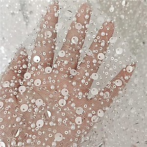 51" Wide Exquisite Heavily Pearl Beaded Soft Tulle Wedding Lace Fabric Clear French Sequined Lace Fabrics for Wedding Dress Bridal Veil DIY Home Decoration (3 Yard, White 2)