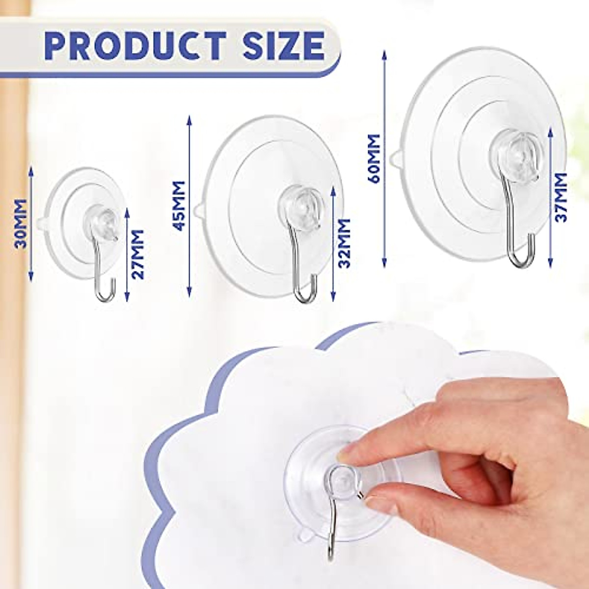 Roowest 60 Pcs Suction Cup Hooks Window Suction Cups with Hooks Clear Removable Wall Hooks Suction Cup Hangers for Glass Window Door Wall Mirror Wreath Loofah Tile, 12 Large, 24 Medium, 24 Small