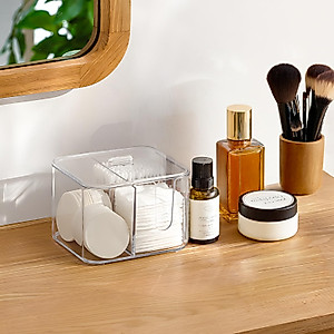 Qtip Holder, Cosmetic Items Storage Dispenser, 4 Compartments Bathroom Canisters for Cotton Swab, Cotton Ball, Cotton Pad Organizer, Clear Acrylic Containers with Lid for Bathroom Vanity Countertop