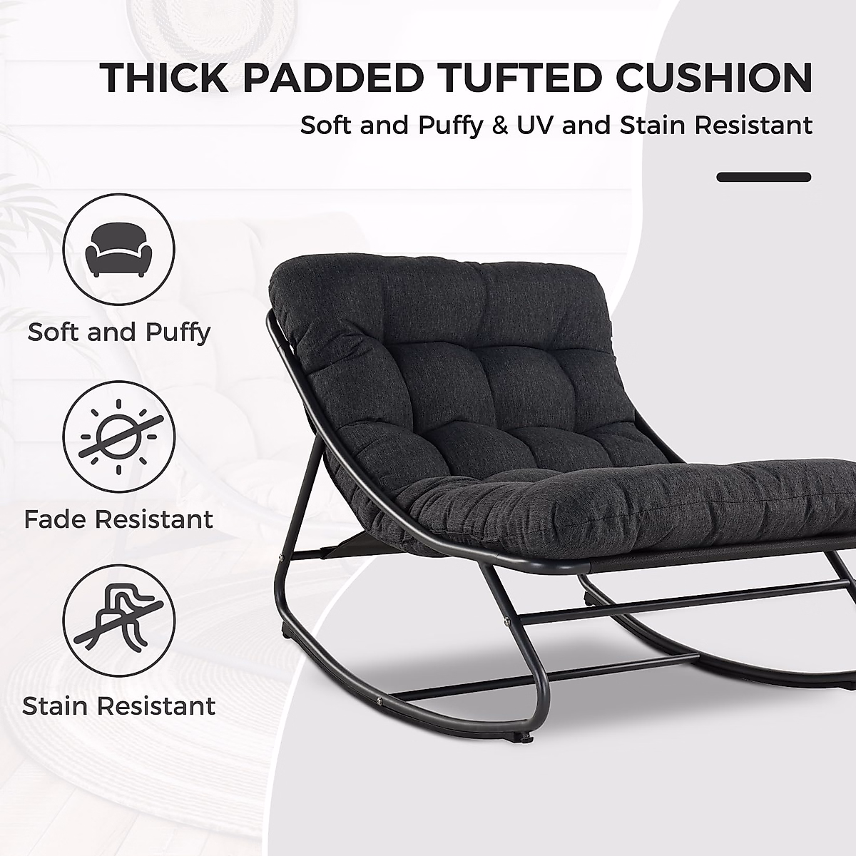 Grand patio Rocking Chair with Foot Stool, Metal Rocking Chair with Cushion and Foot Rest, Comfy Lounge Rocking Chair Outdoor Indoor, Great for Living Room Porch Patio, Dark Gray