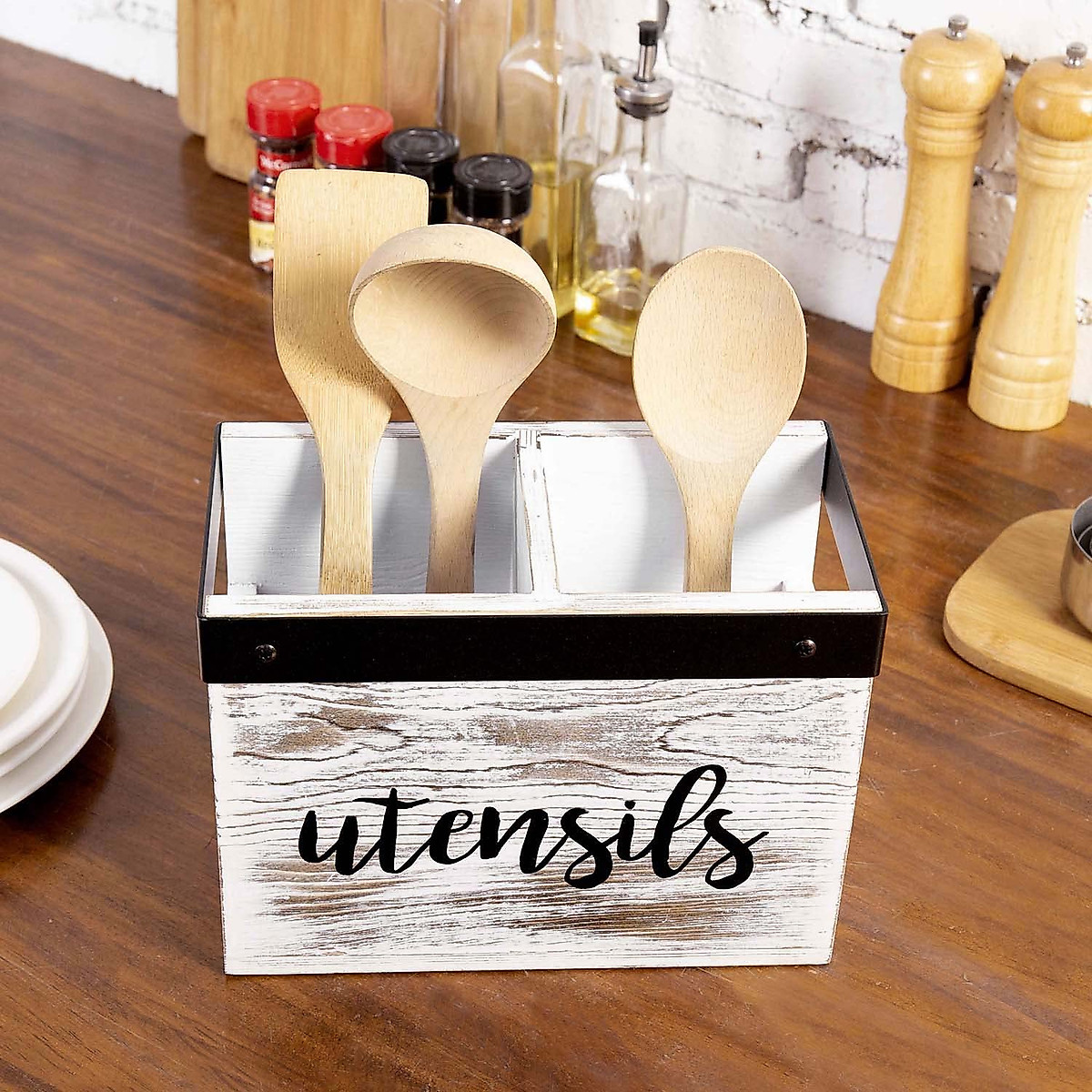 MyGift White Washed Solid Wood Kitchen Utensil Holder with Black Metal Rim Accent and 2 Compartments, Countertop Buffet Flatware Holder with Utensils Cursive Design