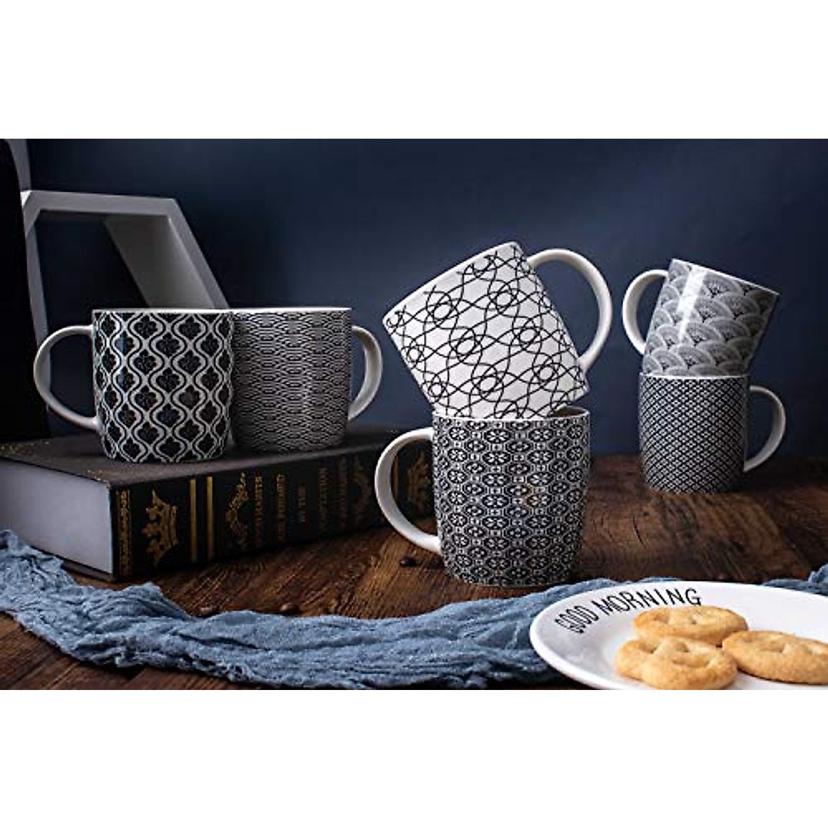 MACHUMA Set of 6 11.5 oz Coffee Mugs with Black and White Geometric Patterns, Ceramic Tea Cup Set