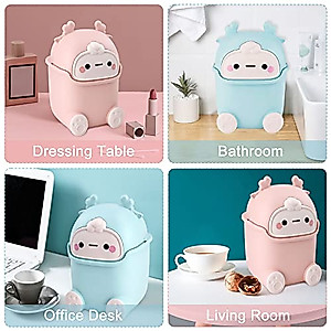 QLFJ-FurDec Cute Desktop Trash Can Wastebasket with 90 Trash Bags, Creative Tiny Countertop Garbage Can with Flip Lid, Small Plastic Storage Bin for Bedroom Bathroom Living Room Dressing Table(Pink)