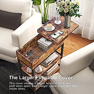 FABATO End Table with Charging Station Nightstands with Storage Shelves Flip Top&USB Ports Narrow Sofa Side Table for Small Spaces with Metal Frame Living Room Bedroom, Rustic Brown