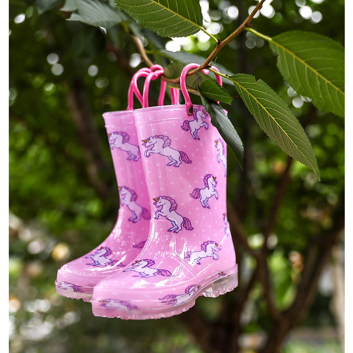 Outee Toddler Girls Rain Boots Little Kids Baby child Light Up Waterproof Rubber Shoes Unicorn Printed Mud Lightweight Adorable with Easy-On Handles Non Slip Sole Pink Size 2