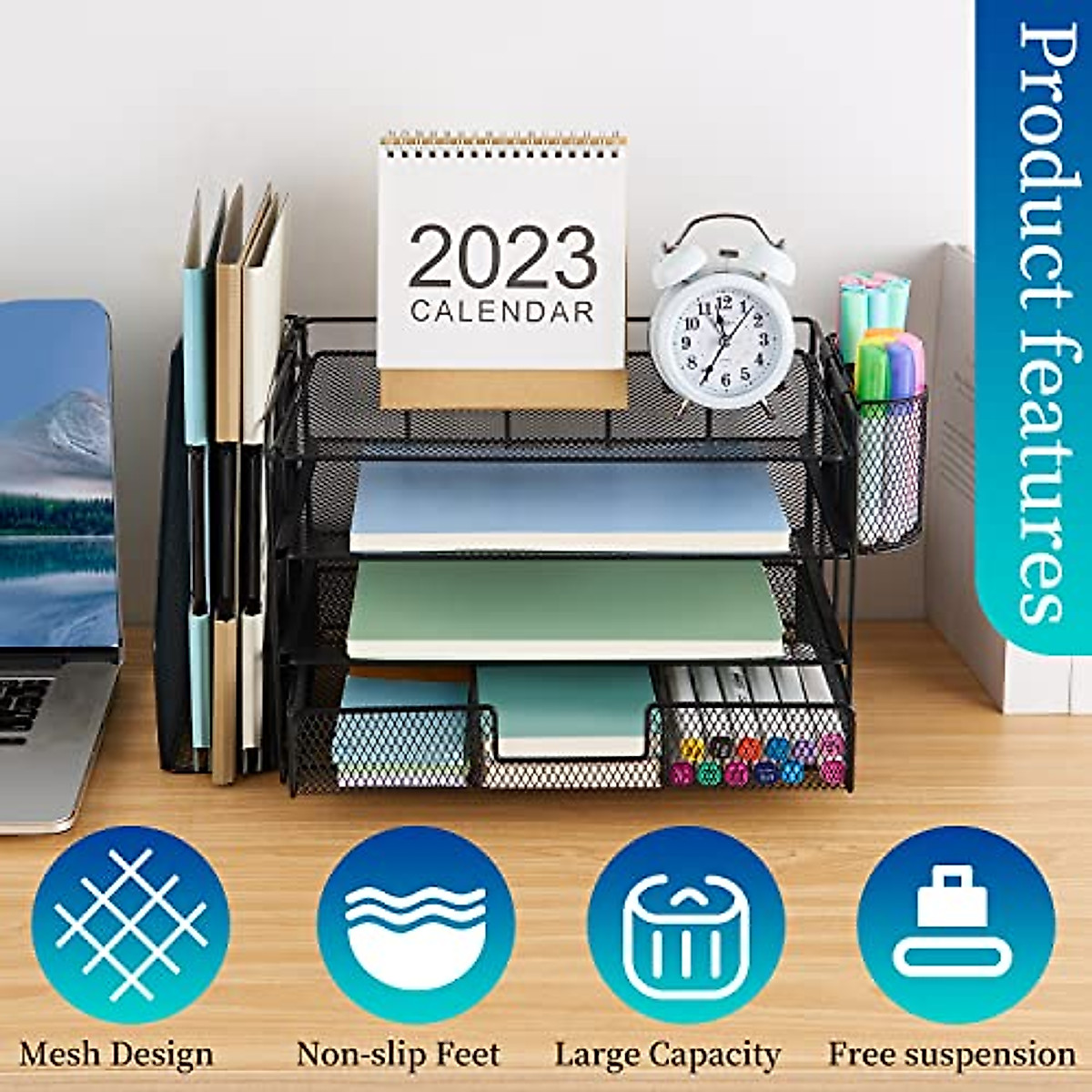 gianotter Paper Organizer with File Holder for Desk, 4 Tier Letter Tray Office Desk Organizers and Accessories - Workspace Organizers with Drawer and 2 Pen Holder for Office Supplies (Black)