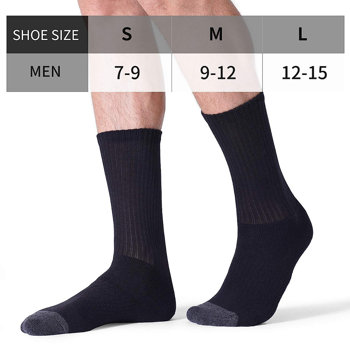 CelerSport 6 Pack Men's Athletic Crew Socks, Work Boot Socks with Full Cushion, Black, Shoe Size: 7-9