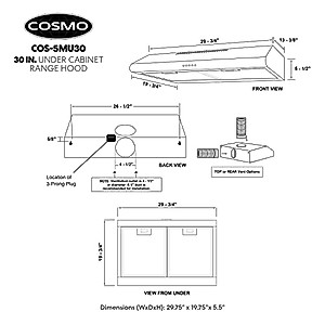COSMO COS-5MU30 30 in. Under Cabinet Range Hood Ductless Convertible Duct, Slim Kitchen Stove Vent with, 3 Speed Exhaust Fan, Reusable Filter and LED Lights in Stainless Steel, 30 inch