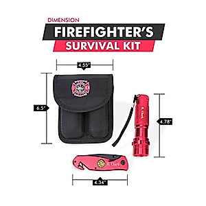 Barton Outdoor Survival Knife and Flashlight Set - Red Finish - Firefighter - LED Light - 3.5" Blade - Seat Belt Cutter, Glass Breaker, Knife Handle and Pouch - Personalized Engraving