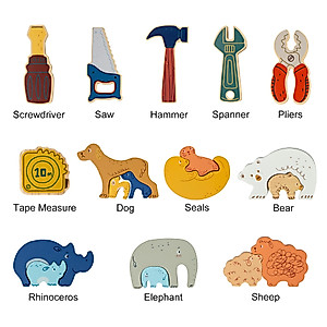 TOGELIN Wooden Puzzles for Toddlers 1-3, Baby Puzzles, Montessori Toys for Kids, Preschool Learning Toys for Boys and Girls-Animal & Tool