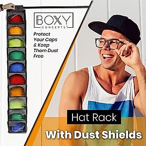Boxy Concepts Hat Rack with Dust Shield - 10 Shelf Hanging Closet Hat Organizer for Baseball Caps - Hat Storage To Protect Your Caps and Dust Proof Hat Holder - Baseball Hat Organizer & Hat Hanger