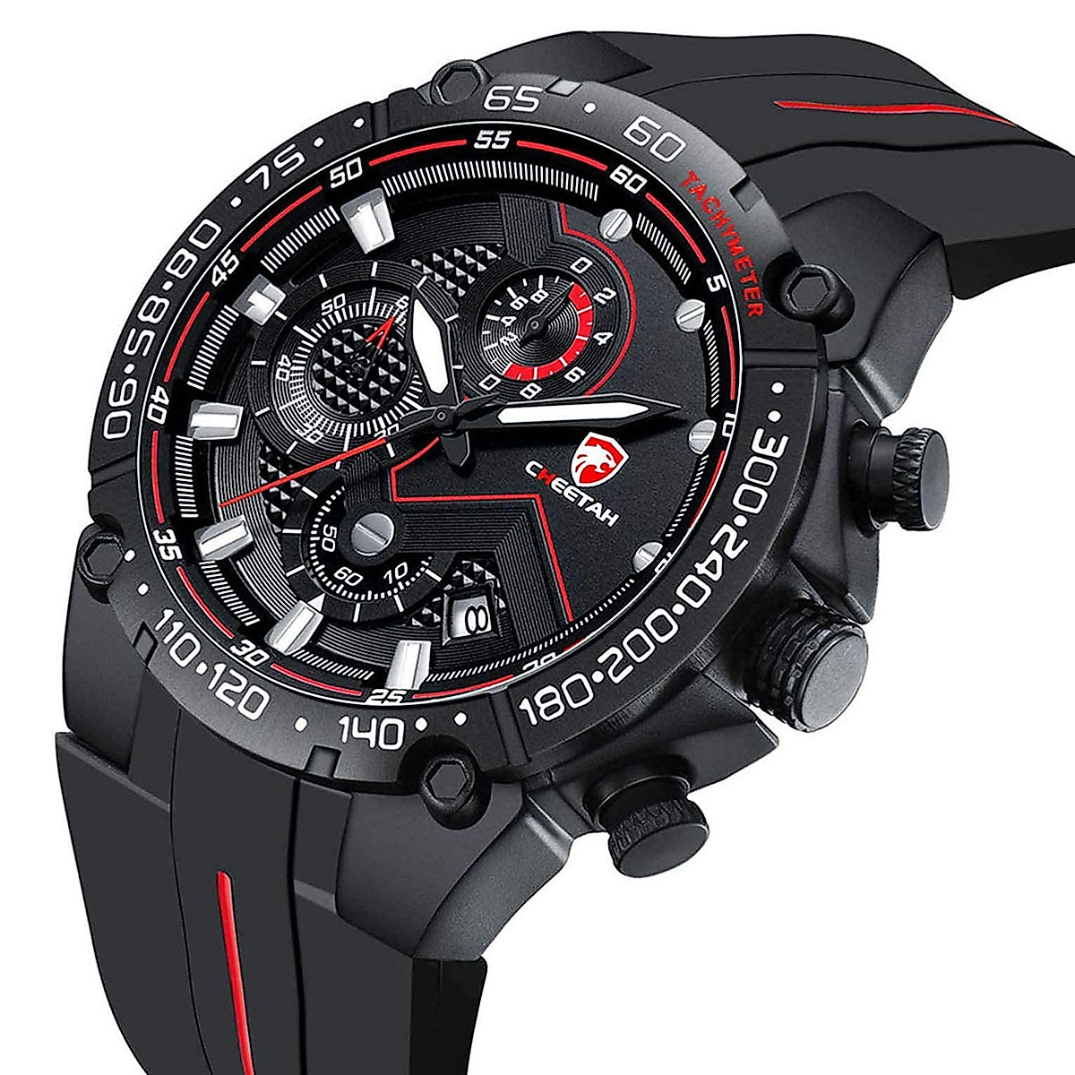 CHEETAH Mens Chronograph Watch Outdoor Waterproof Military Tactical Style Black Red Quartz Sports Watches for Men with Rubber Strap