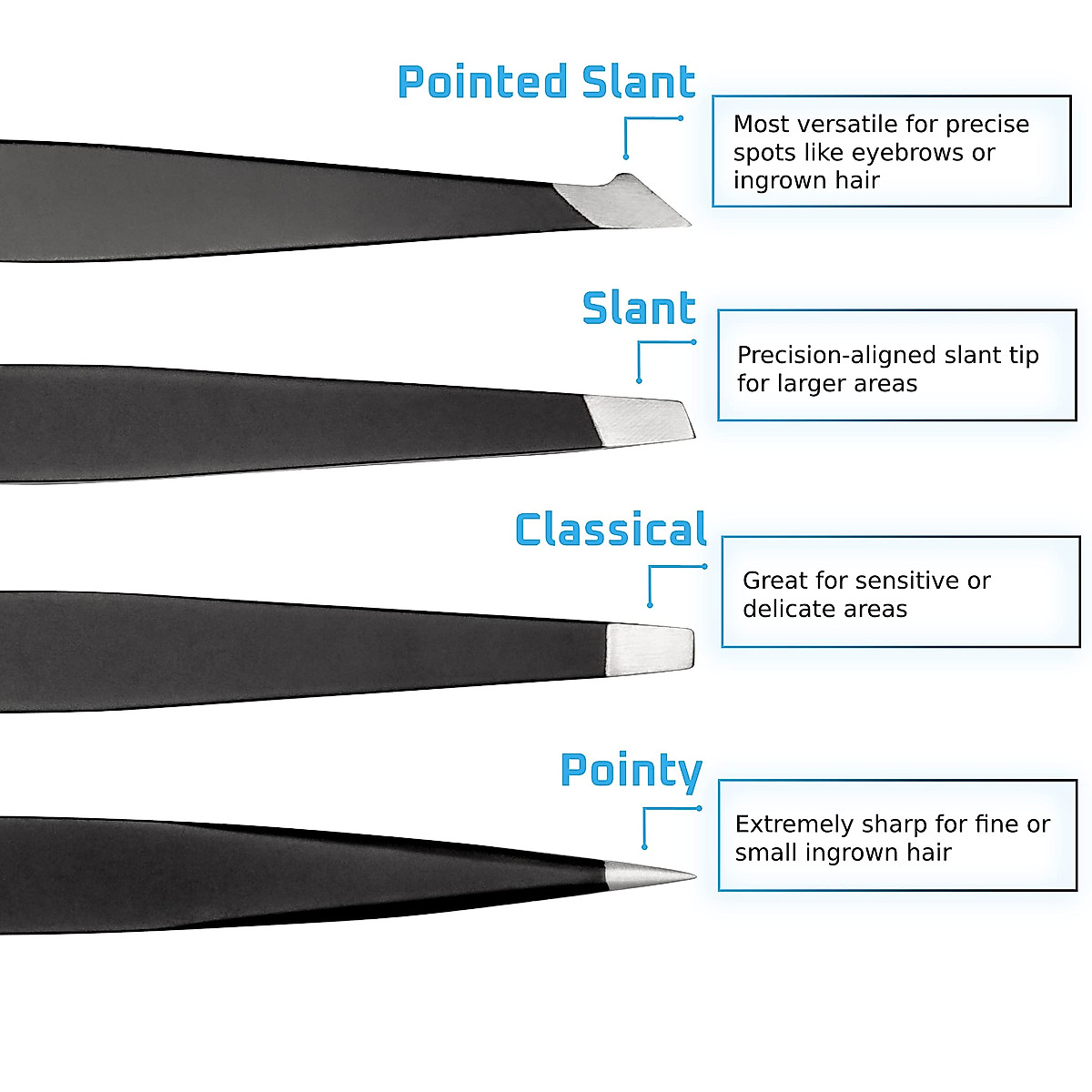 Rikans Precision Tweezers Set – Pack of 4 Black Professional Tweezers – Handy Carry Pouch – Superior Stainless Steel Tweezer Set – Splinters, Eyebrows, Facial or Ingrown Hair – Blackheads Remover