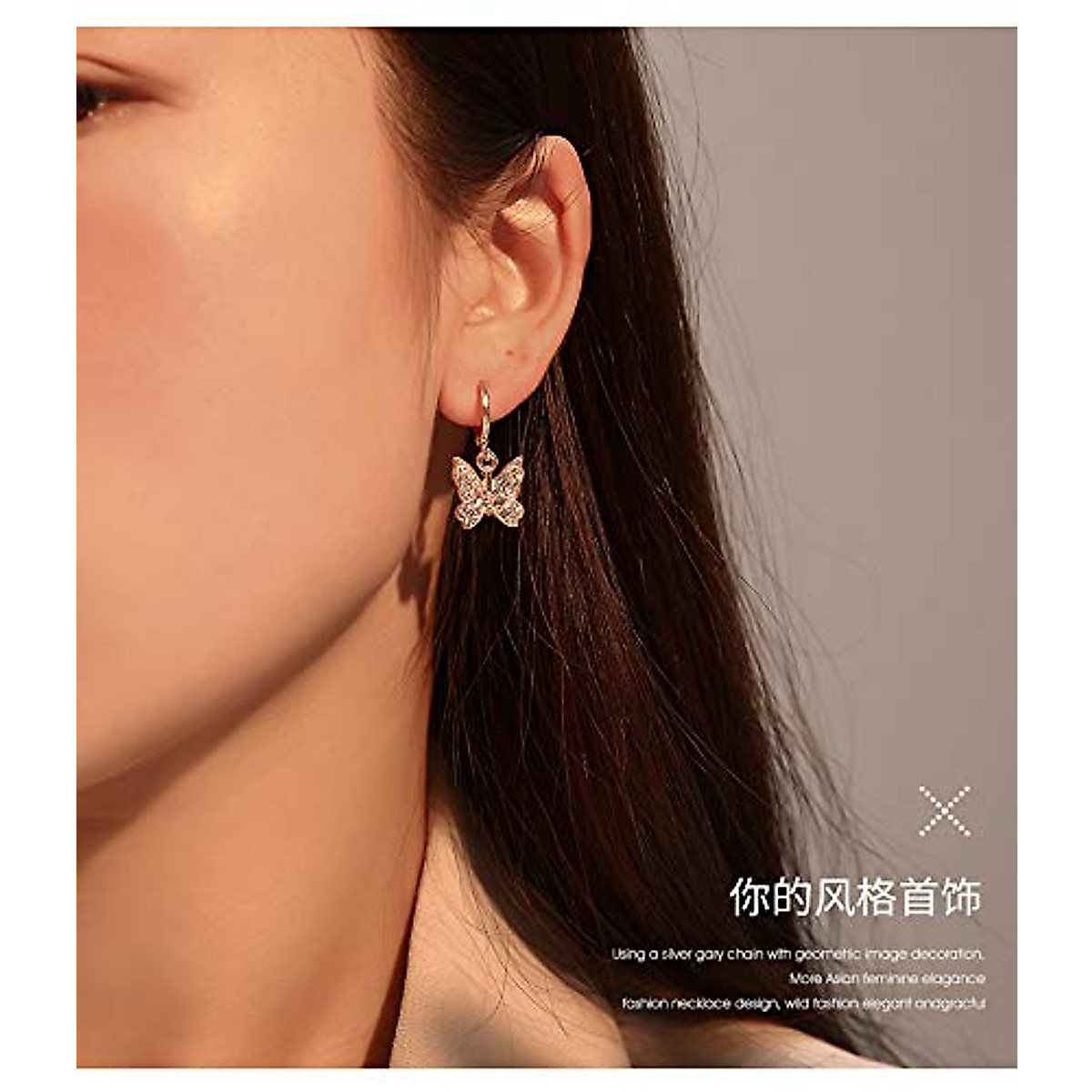 INENIMARTJ Butterfly Earrings Butterfly Dangle Earrings 14K Gold Small Crystal Butterfly Hoop Earrings for Women