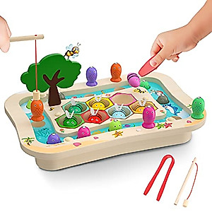 SmileBank Wooden Montessori Toys for 3 4 5 Year Old, Toddler Toys Educational Learning Toys Magnetic Fishing Game Bee Color Sorting Fine Motor Skills Toys Gifts for 3 4 5 6 Year Old Boys Girls