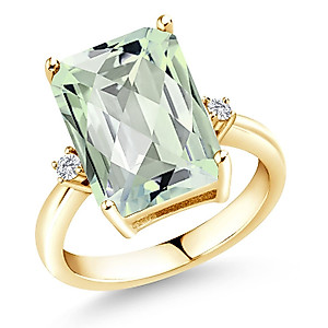Gem Stone King 18K Yellow Gold Plated Silver Green Prasiolite and White Diamond Ring For Women (6.67 Cttw, Emerald Cut Checkerboard 14x10MM, Gemstone Birthstone, Available In Size 5, 6, 7, 8, 9)