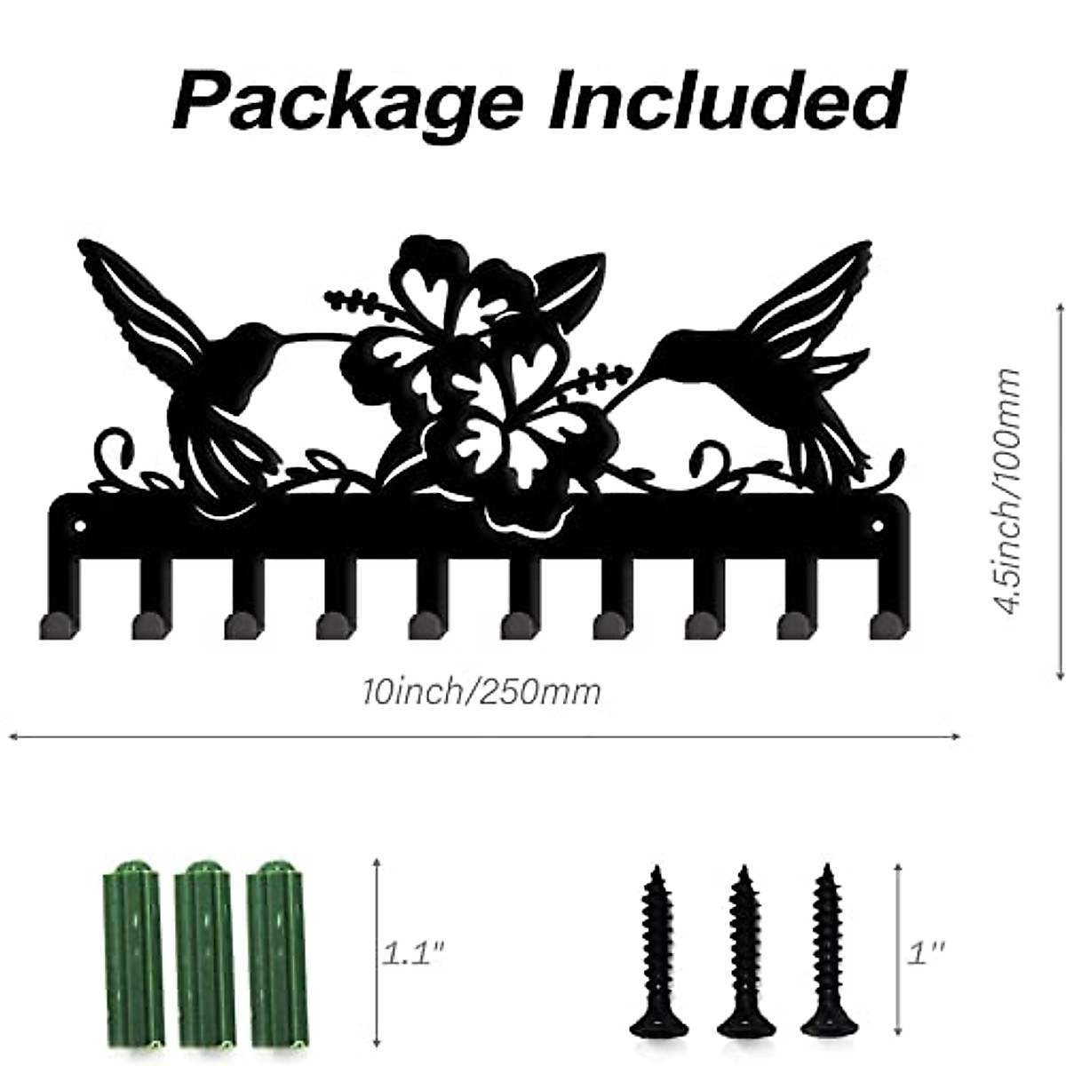 SUPERDANT Hummingbird Key Holder Flower Decoratice Key Hook 10 Hooks Wall Mounted Key Rack Hanger Organizer Black Iron Home Decor for Bag Clothes Key Towel Hanging Wall Decoration