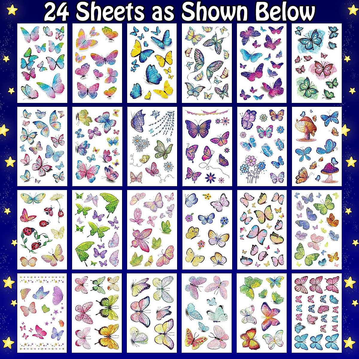 Leesgel 24 Sheets Butterfly Glitter Temporary Tattoos for Party, Butterfly Birthday Decorations Supplies for Girls, Kids Fake Tattoos Birthday Surprise Butterfly Party Decorations Favors