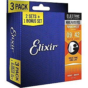 Elixir® Strings 16540 Electric Guitar Strings with NANOWEB® Coating, 3 Pack, Super Light (.009-.042)