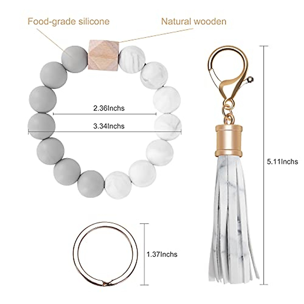 Weixiltc Bracelet Keychain Wristlet, Silicone Bead Key Ring Bracelet for Women (White)