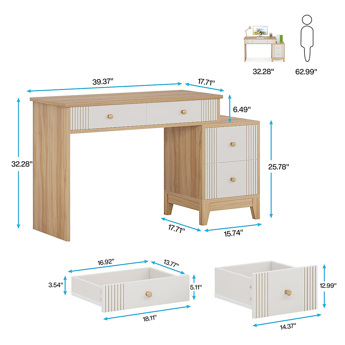 Tribesigns Computer Desk with 4 Drawers, 51-Inch Home Office Desks with Storage, Modern Wooden Executive Desk Study Writing Table Workstation for Small Space, Bedroom