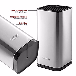 Laxinis World Universal Knife Block, Stainless-Steel Modern Rectangular Design with Scissors-Slot, Knife Holder Counter-top Storage, Holds 12 8”-Blade Knives, 9.1” by 4”(knives not included)