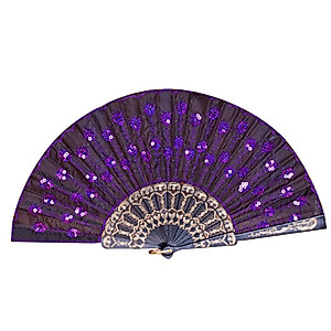 IADZ Folding Fan,Decorative Fan Peacock Pattern Folding Hand Held Fan Embroidered Sequin Party Wedding PromDecorative Fans