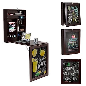 Tangkula Wall Mounted Desk, Floating Desk with Chalkboard, Space Saving Fold Up Wall Convertible Desk, Multi-Function Wall Mounted Table with Storage Shelves & Hooks（No Assembly Required）