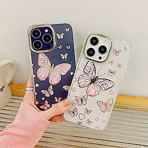 ooooops Compatible with iPhone 14 Pro Max Case for Women Girls, Glitter Golden Butterflies, Cute Love Heart Shaped Pattern, Hard Panel Clear Protective Phone Cover for iPhone 14ProMax(Pink Butterfly)