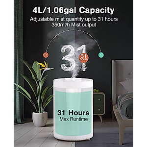 KOIOS Patented Cool Mist Humidifiers (2023 Upgraded), 4L Top Fill Ultrasonic Air Humidifier, Essential Oil Diffuser for Bedroom Large Room Home, 31H Runtime, Whisper Quiet Perfect for Babies, Plants