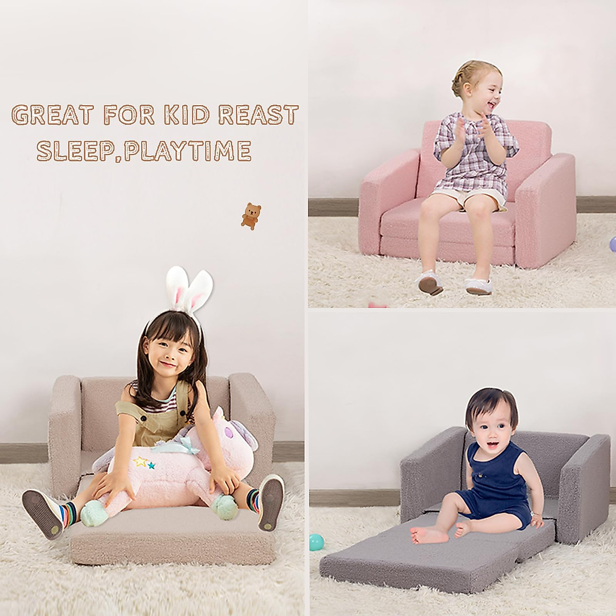 Flip Out Foam Kid Sofa Chair,2 in 1 Convertible Sofa to Lounger for Childrens up to 3 Years,Sherpa Flip Open Toddler Sofa Couch for Kid Play， for Baby Gifts (22.04" W) (Pink)