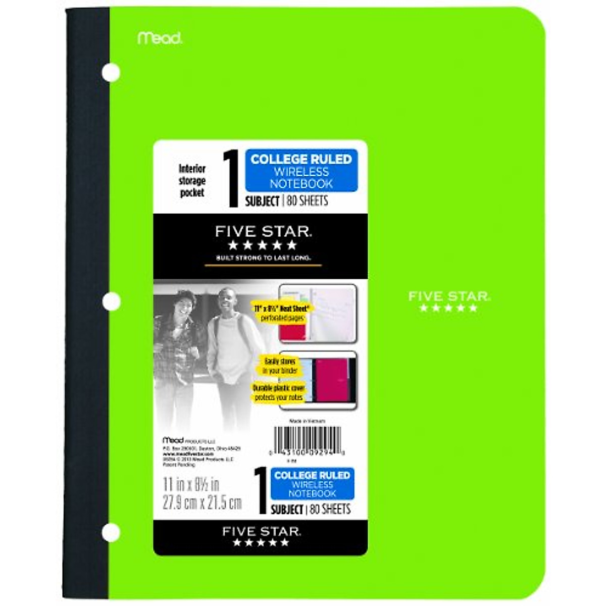 Five Star Bound Notebook with Pocket, 1 Subject, College Ruled Paper, 80 Sheets, 11" x 8-1/2", Color Selected For You, 1 Count (09294)