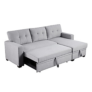 SONGG L Shaped Upholstered Sofa with Storage Chaise and Pull Out Bed, Linen Sectional Couch w/Removable Back Cushions,Button Tufted Backrest,for Living Room, Apartment, 82, Light Gray