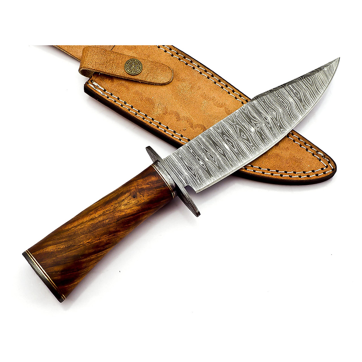 Nooraki BK-348 Handmade Damascus Steel Fixed Blade Bowie Knife with Leather Sheath, Multipurpose Knife Rosewood Handle with Damascus guard for Everyday Carry, Camping, Hunting, 12 Lengt