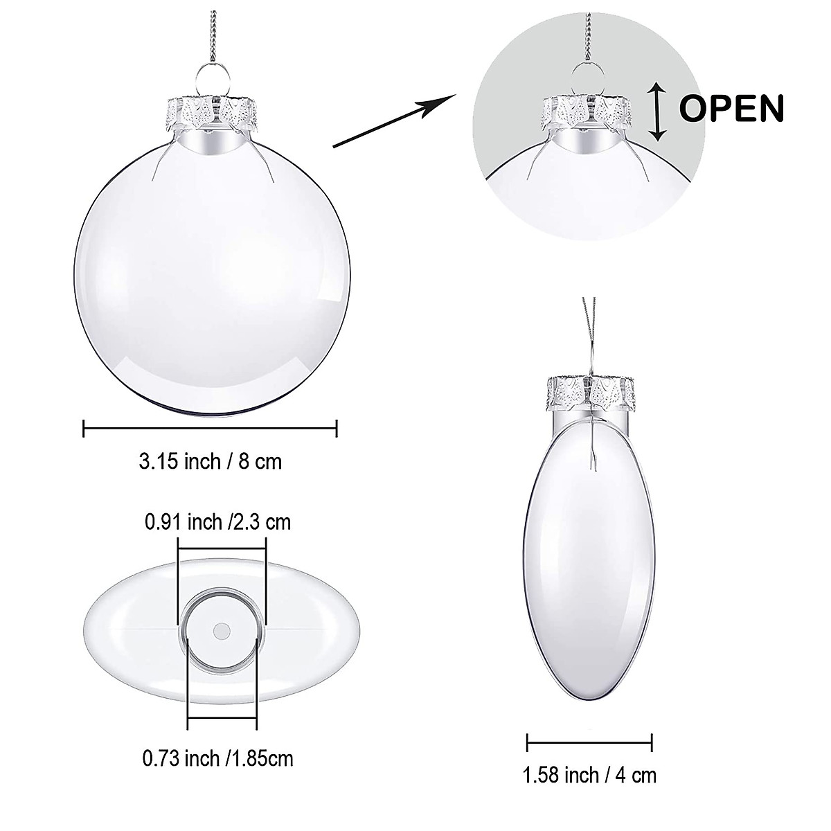 12Pcs Christmas Ornaments 3.15 Inch Clear Plastic Discs Flat Transparent Fillable Balls with Rope and Removable Metal Cap Christmas Hanging Ornaments for Craft DIY Christmas Tree Wreath Decor(80mm)