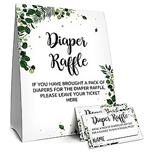 Diaper Raffle Tickets and Sign Baby Shower Games, Decorations, Party Favors For Baby Showers – 1 Sign, 50 Cards per Pack(DIAPER-B010)