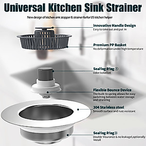 Upgraded 3 in 1 Kitchen Sink Drain Strainer - Stopper Set, Stainless Steel Kitchen Sink Stopper, Pop Up Anti-Clogging Sink Strainer Basket Filter for US Standard 3-1/2 Inch Kitchen Drain(1Pack)