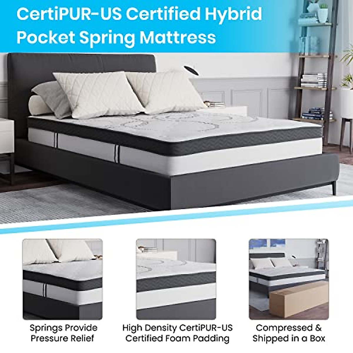 Merrick Lane Luna 10 Inch Hybrid Full Size Mattress CertiPUR-US Certified Foam & Pocket Spring Mattress in a Box