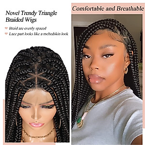 Lexqui 36'' Box Braided Wigs for Women Braided Lace Wigs Triangle Knotless Lace Front Braided Wig Human Hair Blended Full Double Lace Braided wig with Baby Hair Braid Lace Front Wig