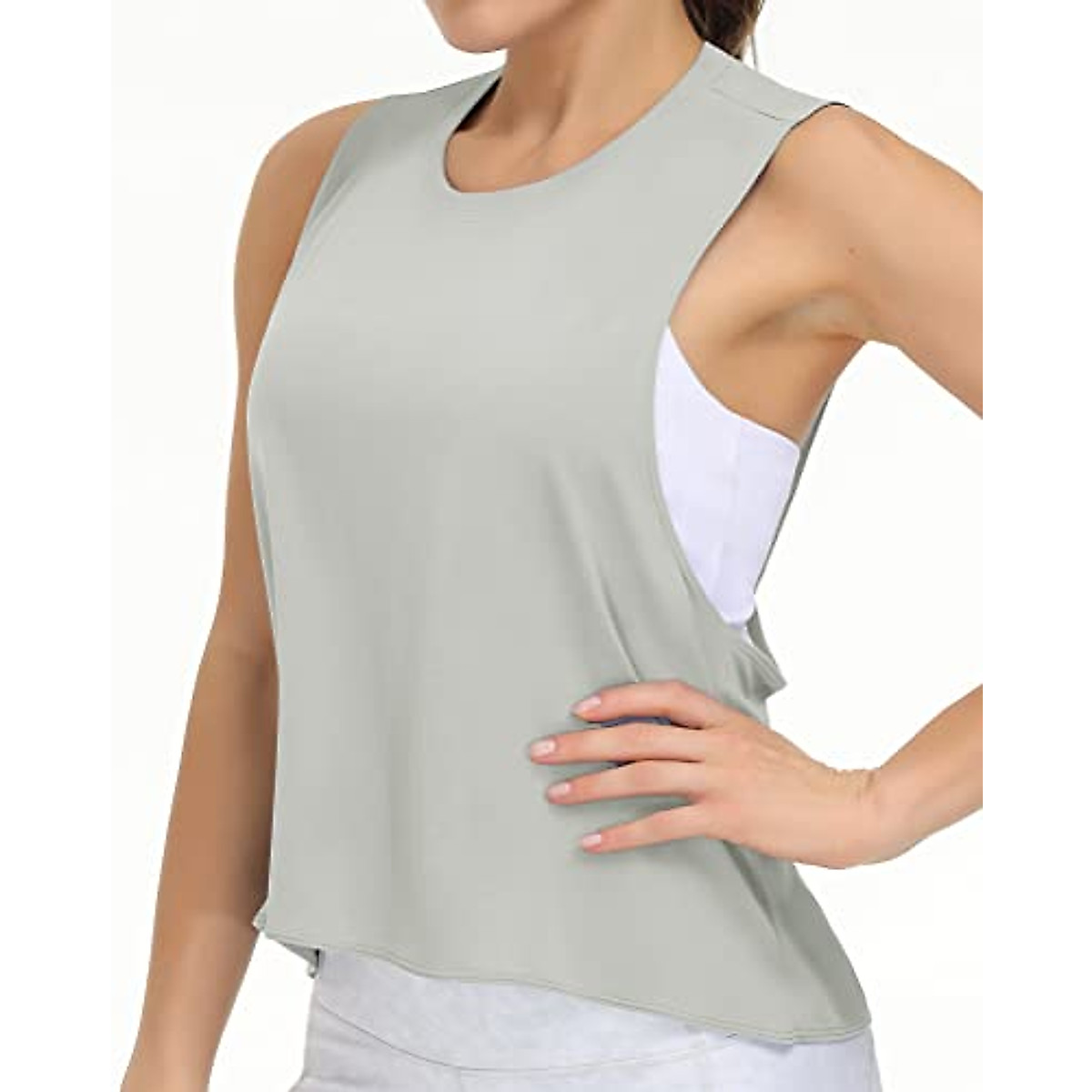 THE GYM PEOPLE Women's Open Cross Back Workout Tank Tops Loose Fit Sleeveless Yoga Running Shirts Light Grey