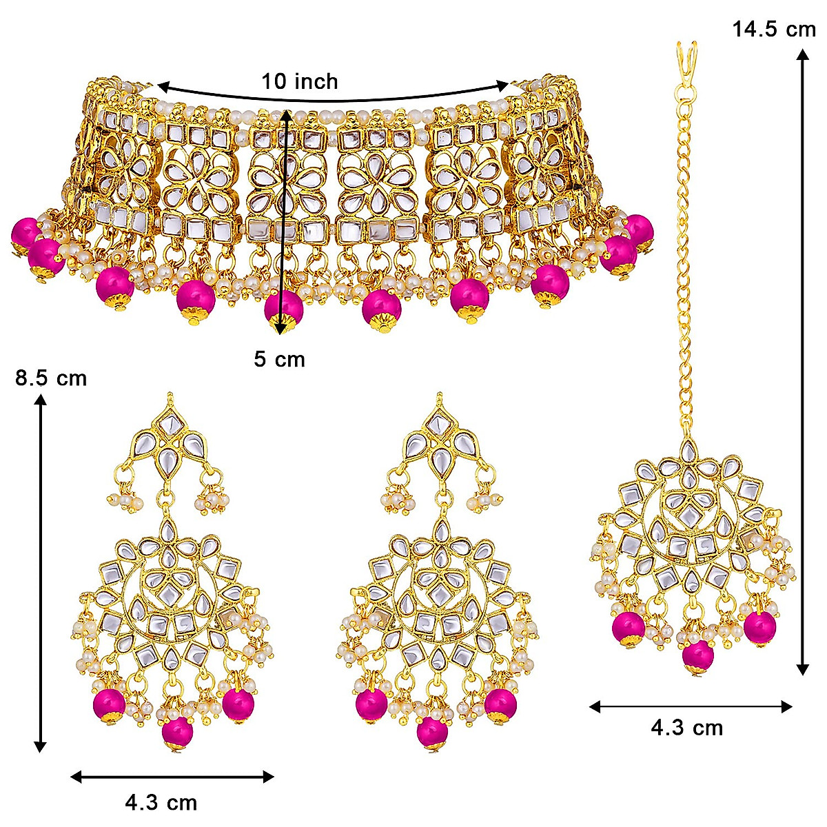 Aheli Elegant Indian Faux Kundan Studded Choker Necklace with Maang Tikka Set Ethnic Wedding Wear Fashion Jewelry for Women (Rani Pink)