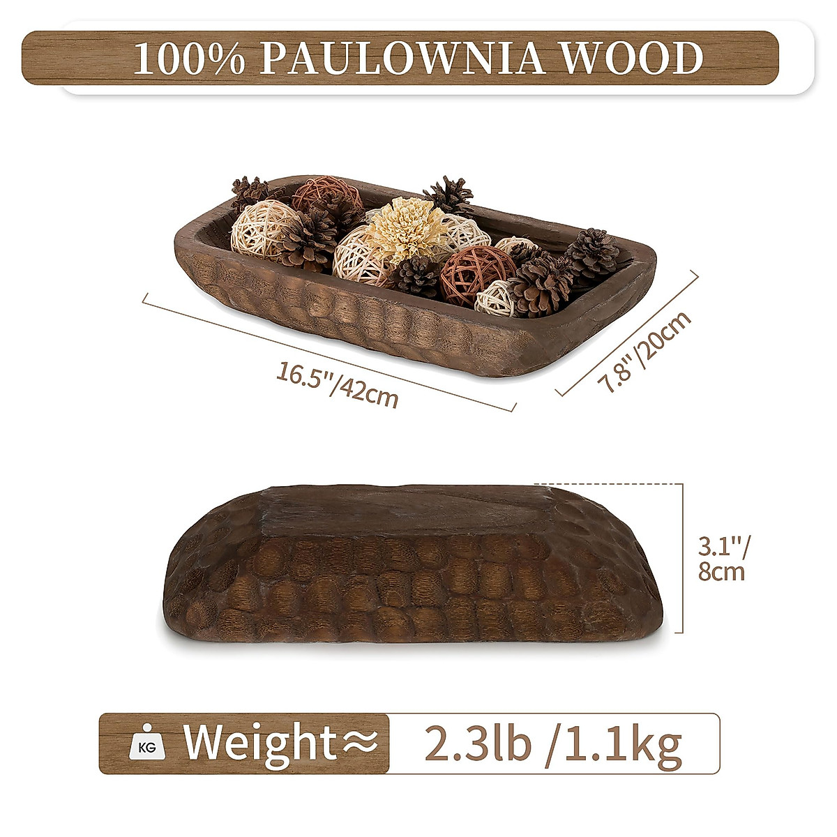 Hanobe Decorative Wood Dough Bowl: Wooden Centerpiece Table Decorations Natural Candle Holder Tray Decor Rustic Brown Hand Turned Trough Centerpieces for Dining Room Kitchen 16.5"