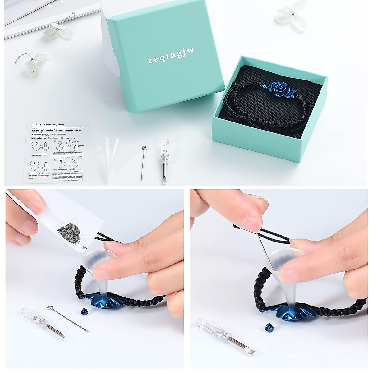 Cremation Jewelry Rose Flower Charm Ashes Bracelet for Women Girls - Handmade Braid Keepsake Bracelet Memorial Urn Bangle Ashes Holder Adjustable Length