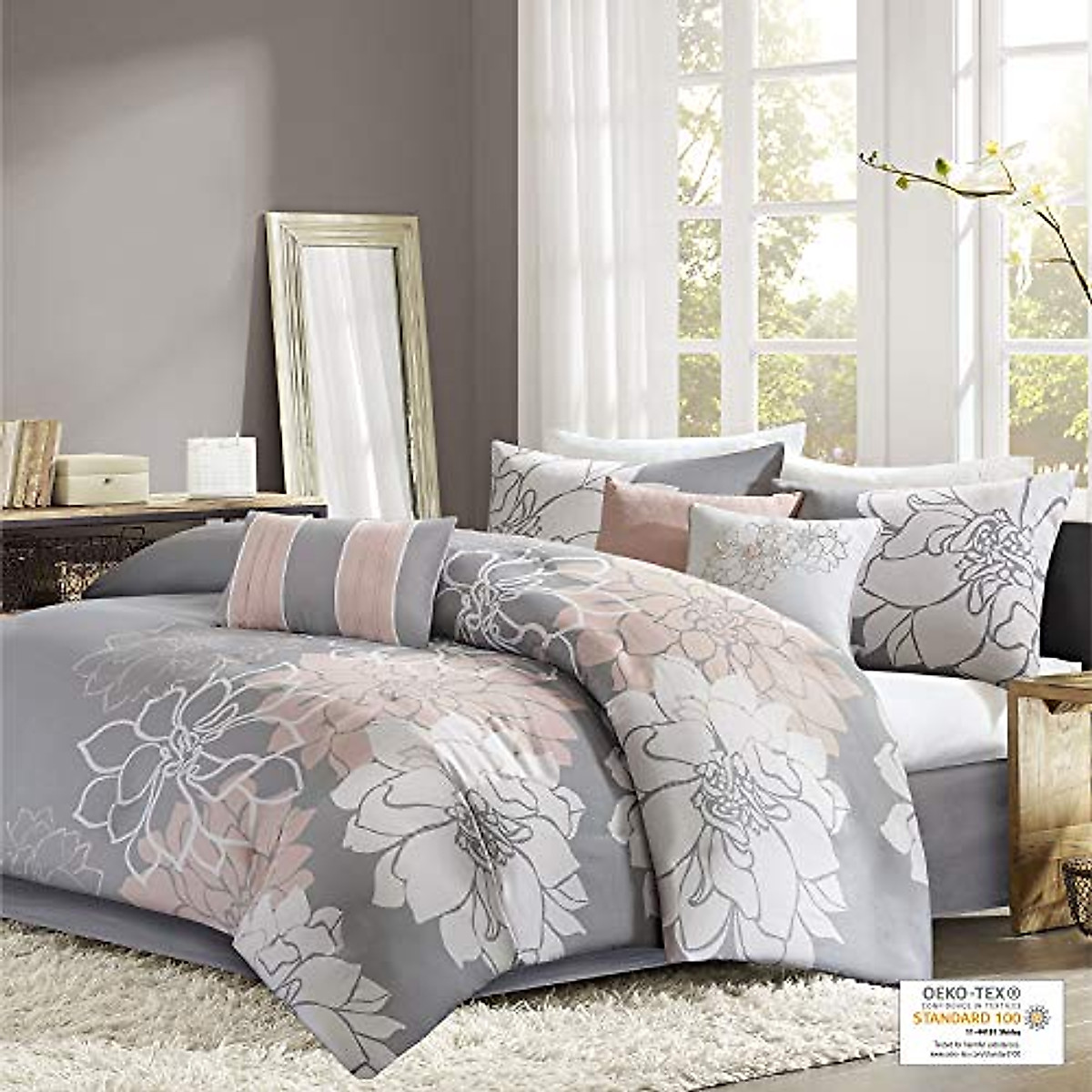 Madison Park Lola Sateen Cotton Comforter Set-Casual Medallion Floral Design All Season Down Alternative Bedding, Shams, Bedskirt, Decorative Pillows, Queen, Grey/Blush 7 Piece