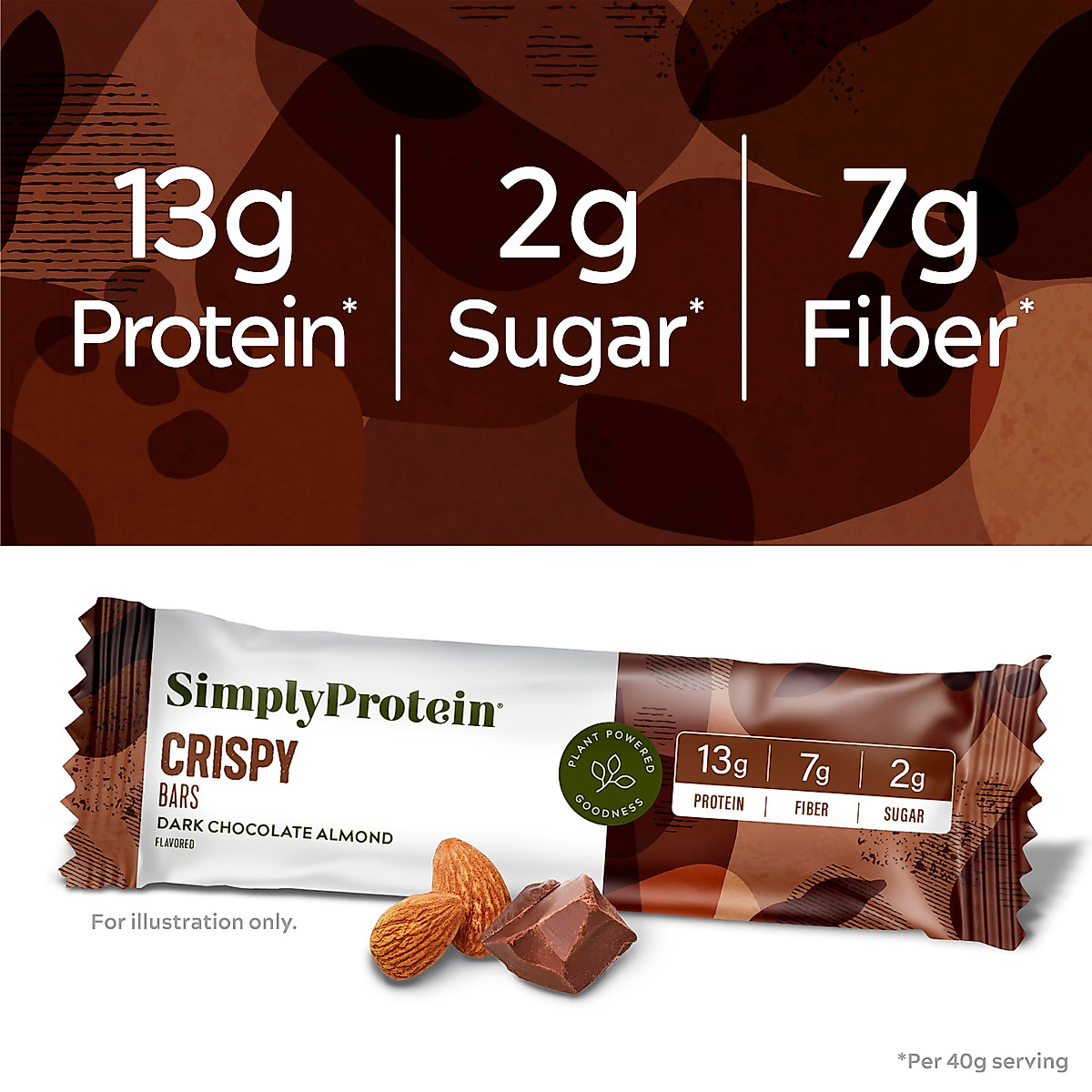 Simply Protein - Dark Chocolate Almond Crispy Bars - Plant Based Protein Bars - Low Carb, Low Sugar, High Fiber - 13g Protein, 2g Sugar, 7g Fiber - Vegan, Gluten Free, Non GMO, Kosher - 12 Bars