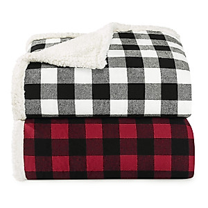 Eddie Bauer Throw Blanket with Pillow Reversible Flannel/Sherpa Bedding, Buffalo Plaid Home Decor for All Seasons, 2 Piece Set, Black/White Check